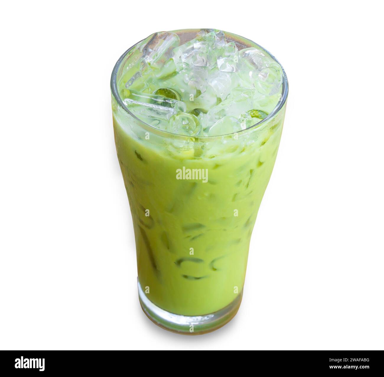 Iced matcha latte or condensed milk-added green tea in transparent ...