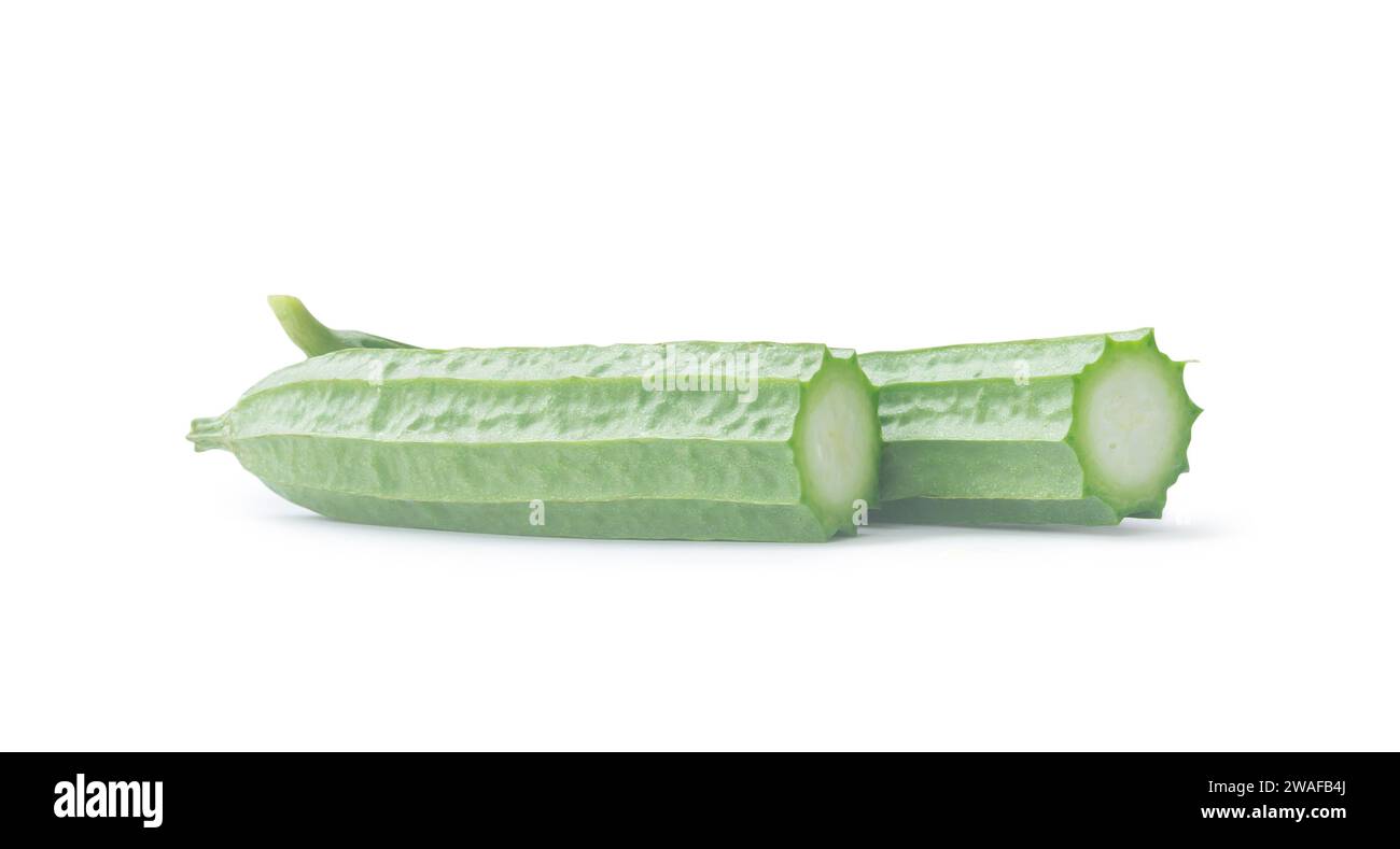 Two fresh green sponge gourd fruits sliced are isolated on white ...
