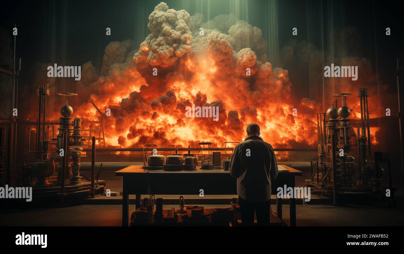 Smoke mushroom clouds after the explosion in laboratory. Nuclear explosion, abstract background ...