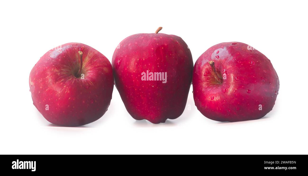 Three fresh big red apple fruits in stack, heap or pile are isolated on ...