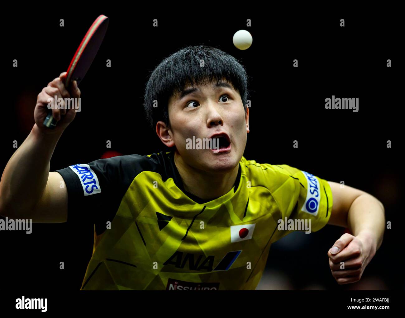 Doha, Qatar. 4th Jan, 2024. Harimoto Tomokazu serves during the men's ...