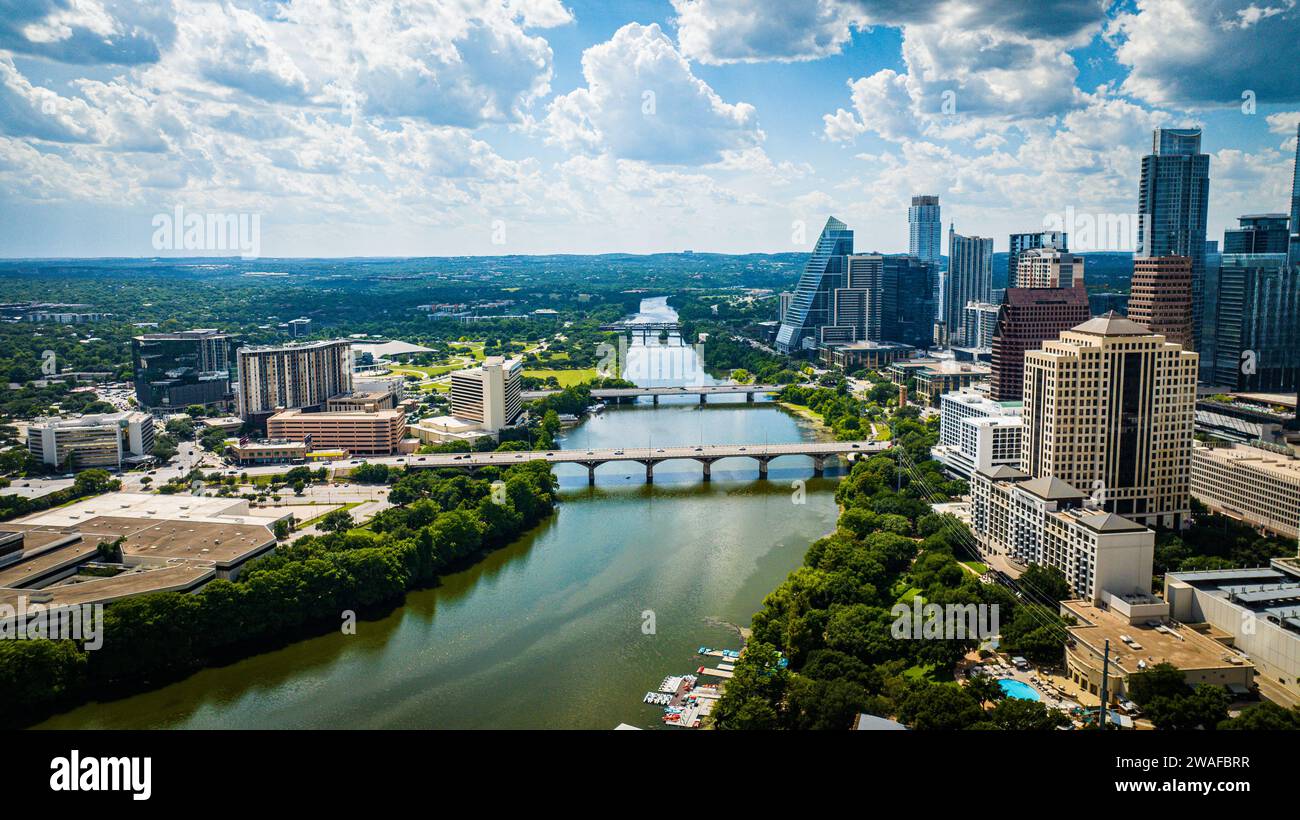 An aerial view of downtown Austin with modern buildings along the ...