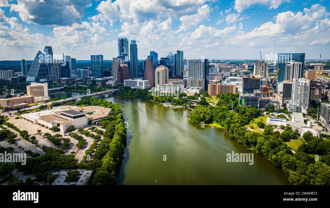 An aerial view of downtown Austin with modern buildings along the ...