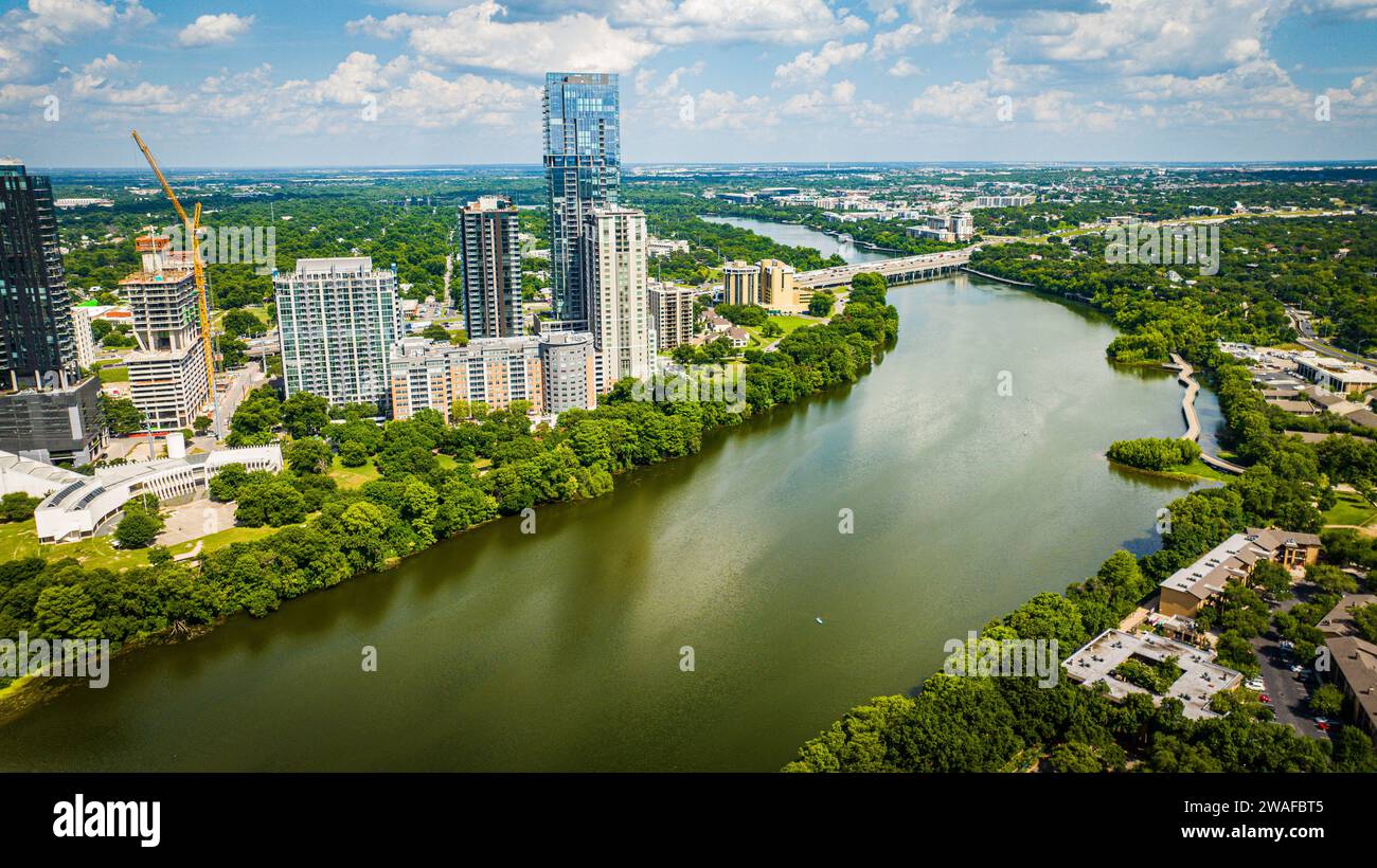 An aerial view of downtown Austin with modern buildings along the ...