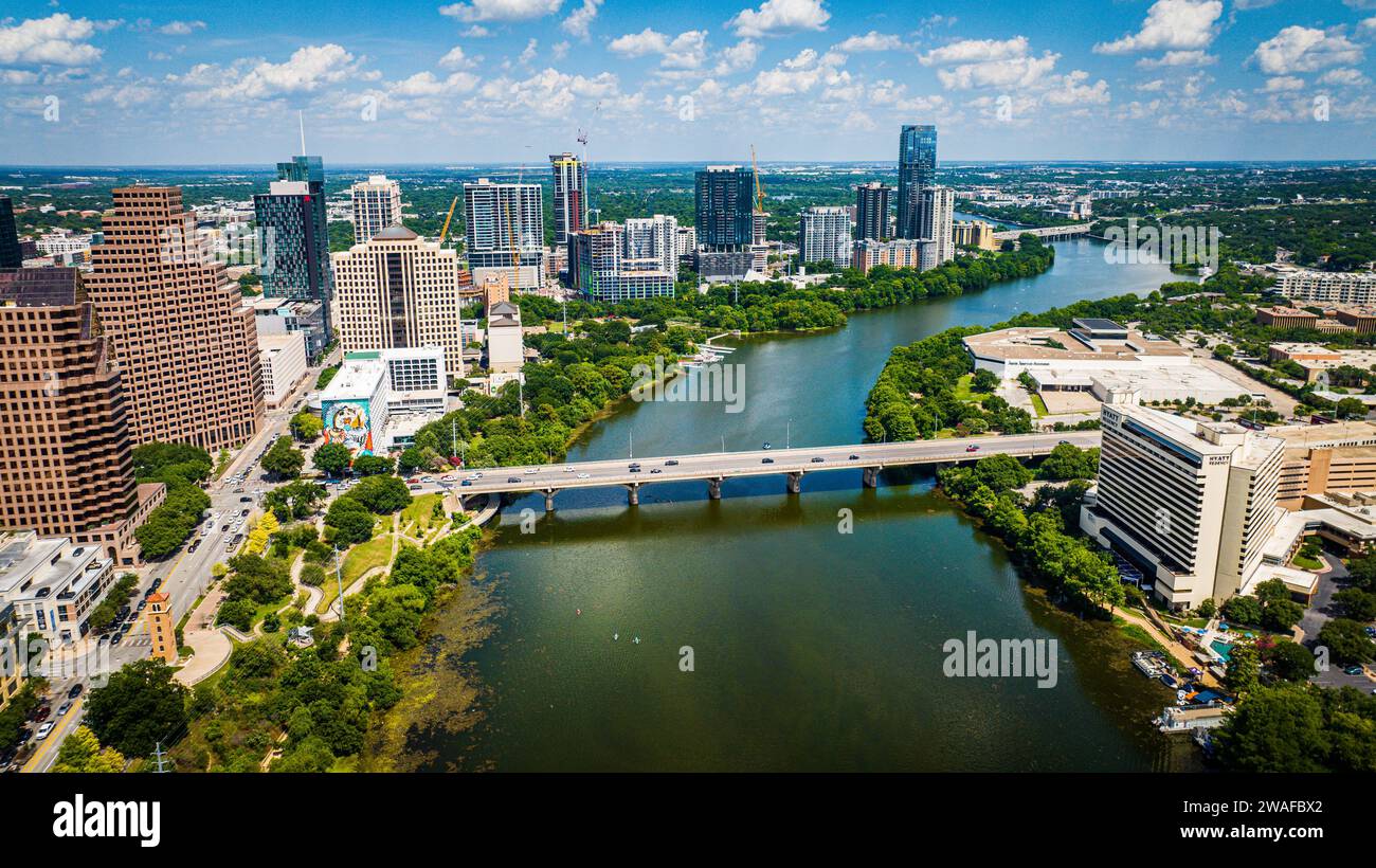 An aerial view of downtown Austin with modern buildings along the ...