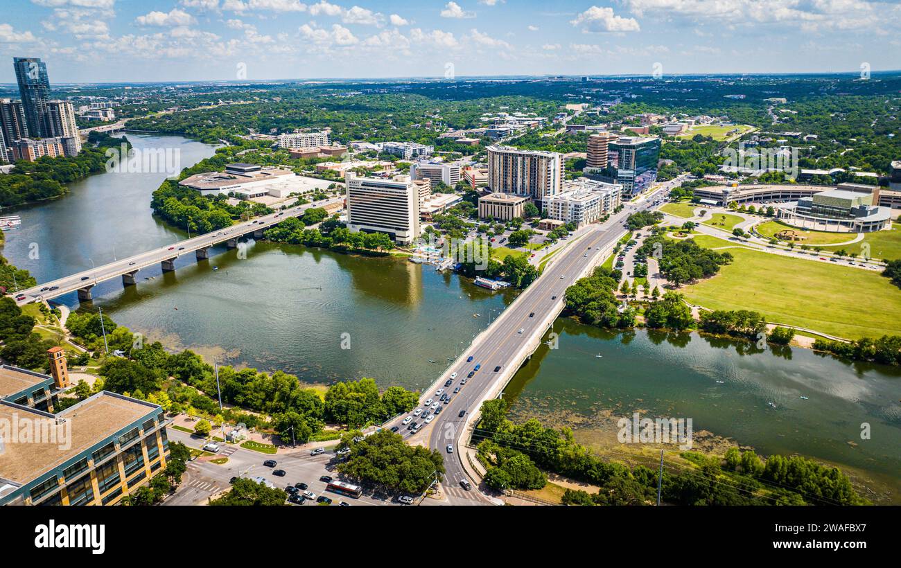 An aerial view of downtown Austin with modern buildings along the ...