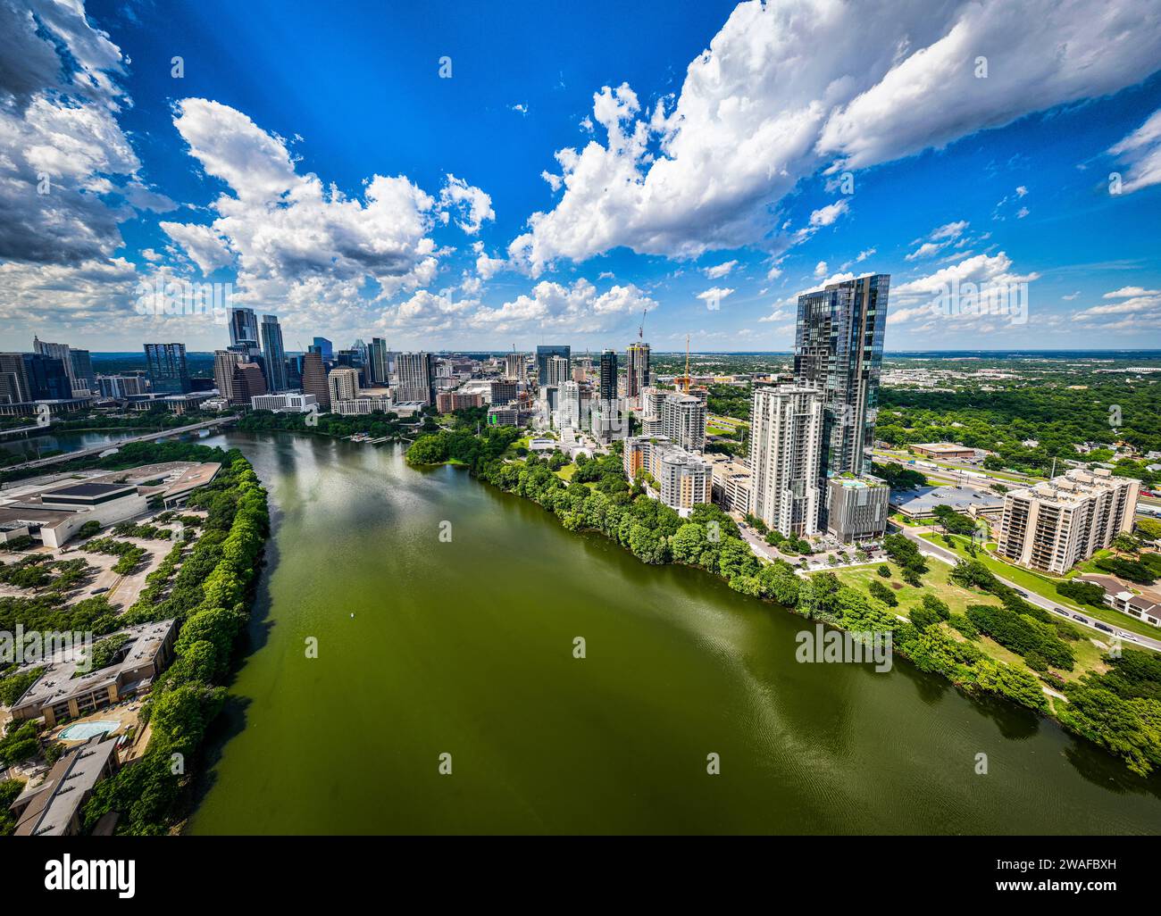 An aerial view of downtown Austin with modern buildings along the ...