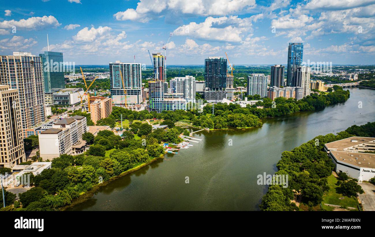 An aerial view of downtown Austin with modern buildings along the ...