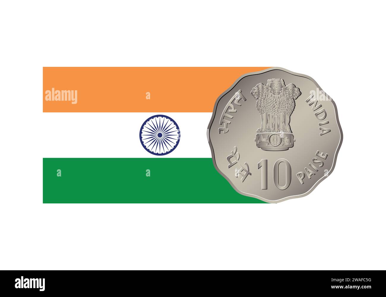 Ten Rupees coin of India. Coin side isolated on white background. Flag ...