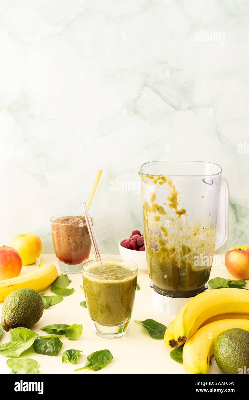 Healthy breakfast ,healthy tasty smoothies with frozen strawberries, cherries and bananas and ...