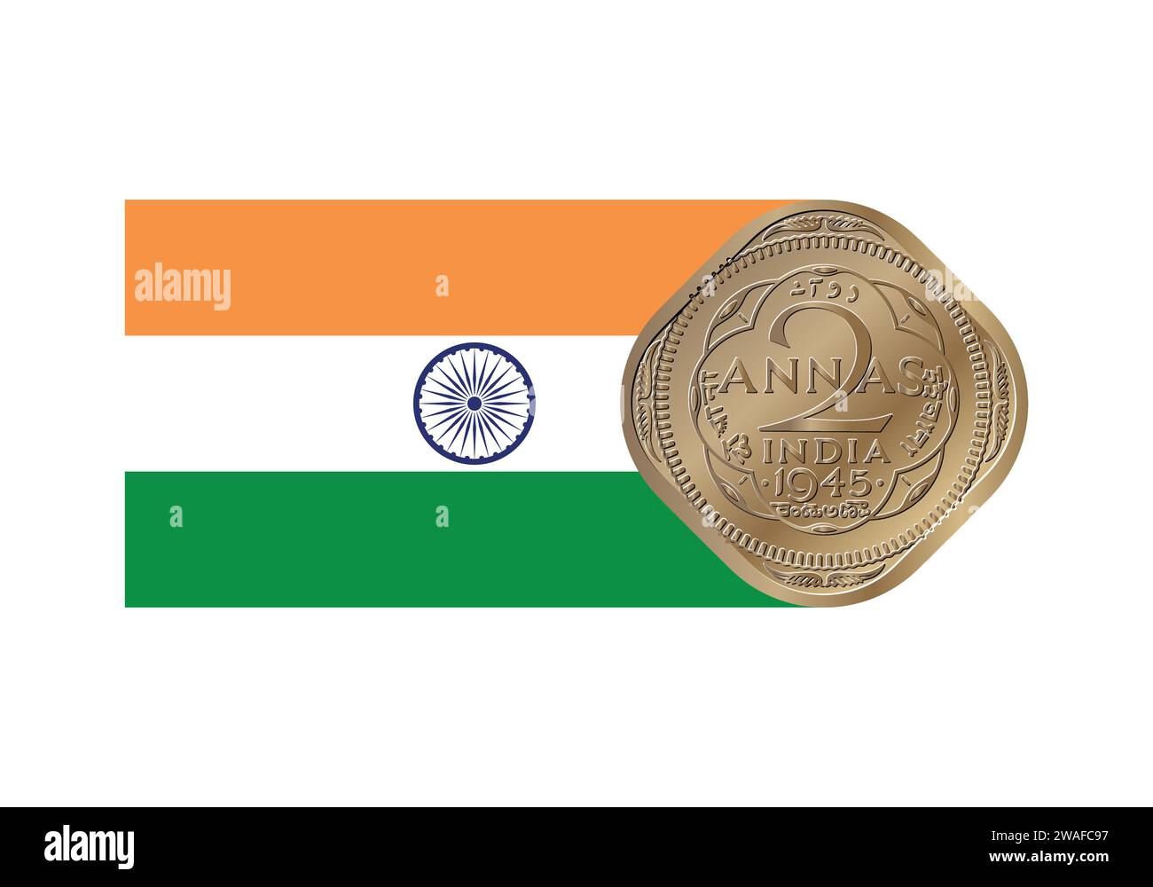 2 Rupees coin of India. Coin side isolated on white background. Flag of ...