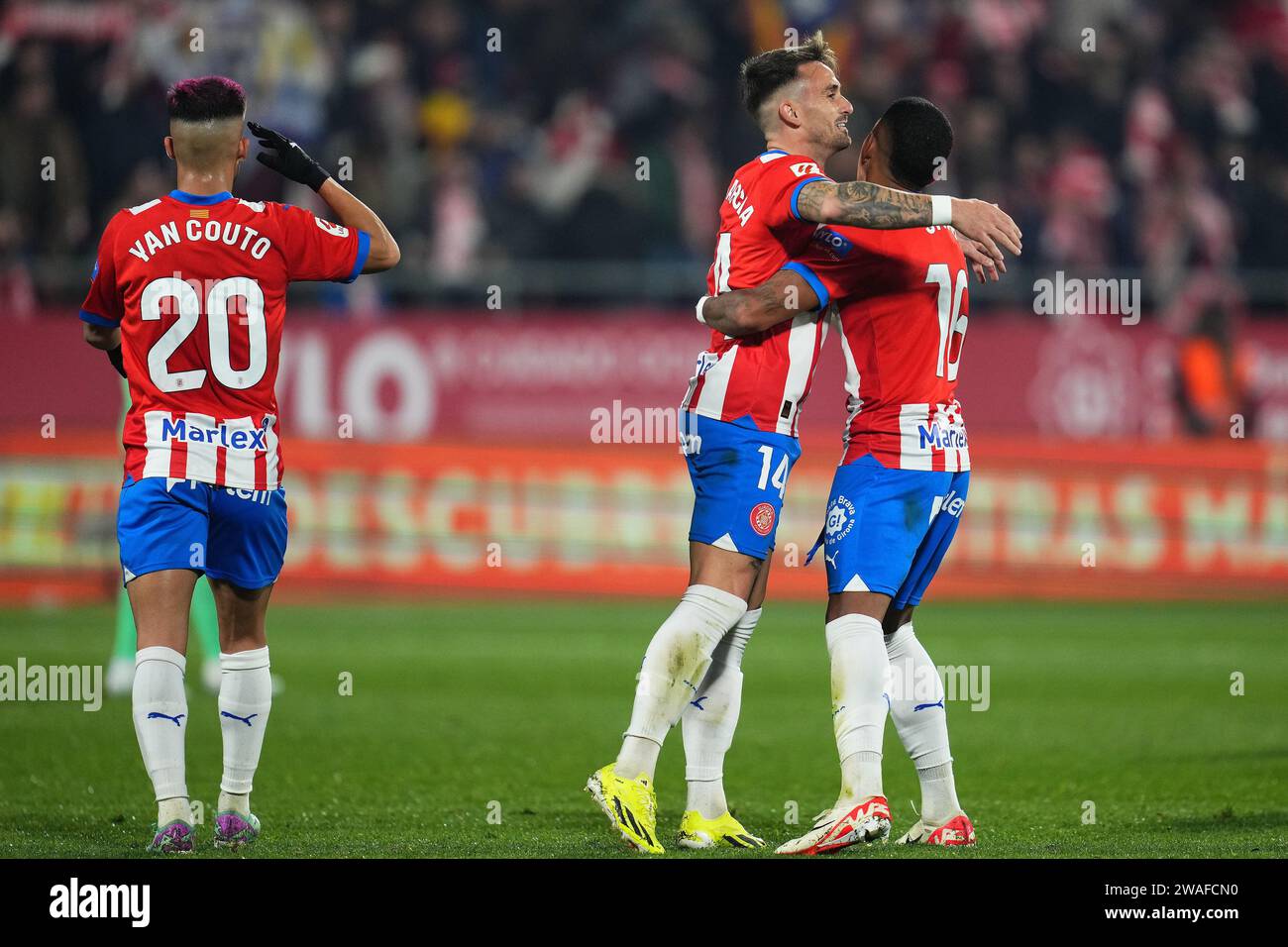 Girona, Spain. 03rd Jan, 2024. Aleix Garcia and Savio Moreira Savinho of Girona FC celebrating ...