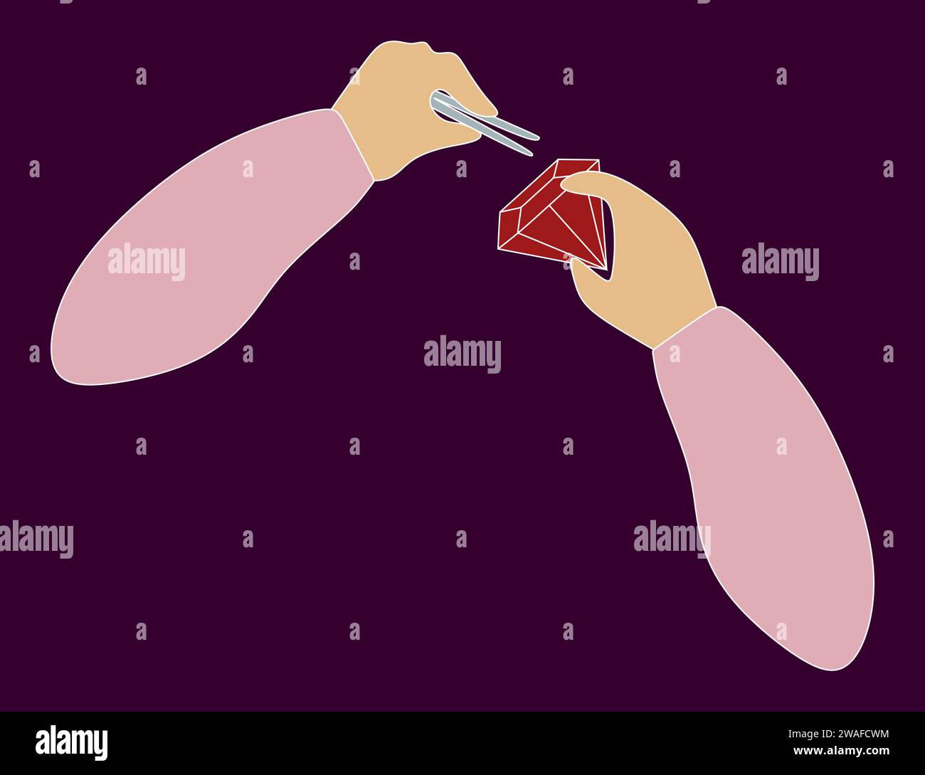 Jeweler at work. Hands Holding Tweezers and Large Red Gemstone. Flat or ...