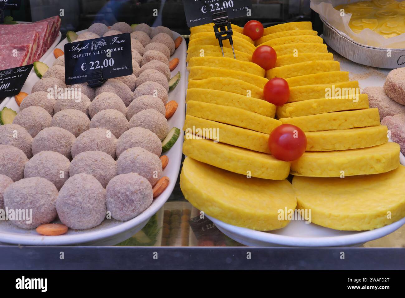 HANDMADE MEAT DISHES ON DISPLAY INSIDE THE FEROCI MEAT SHOP. FEROCI IS ...