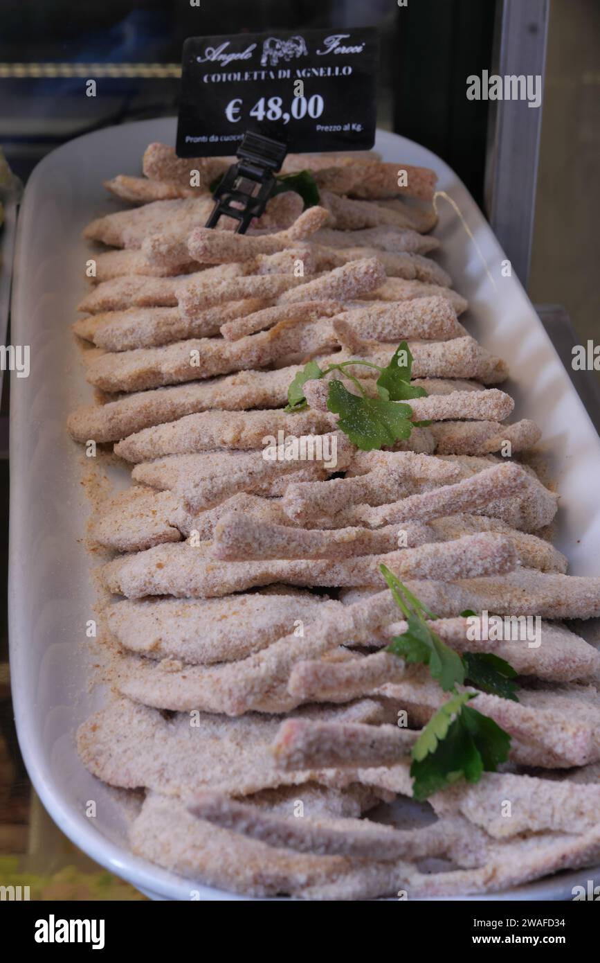 HANDMADE MEAT DISHES ON DISPLAY INSIDE THE FEROCI MEAT SHOP. FEROCI IS ...