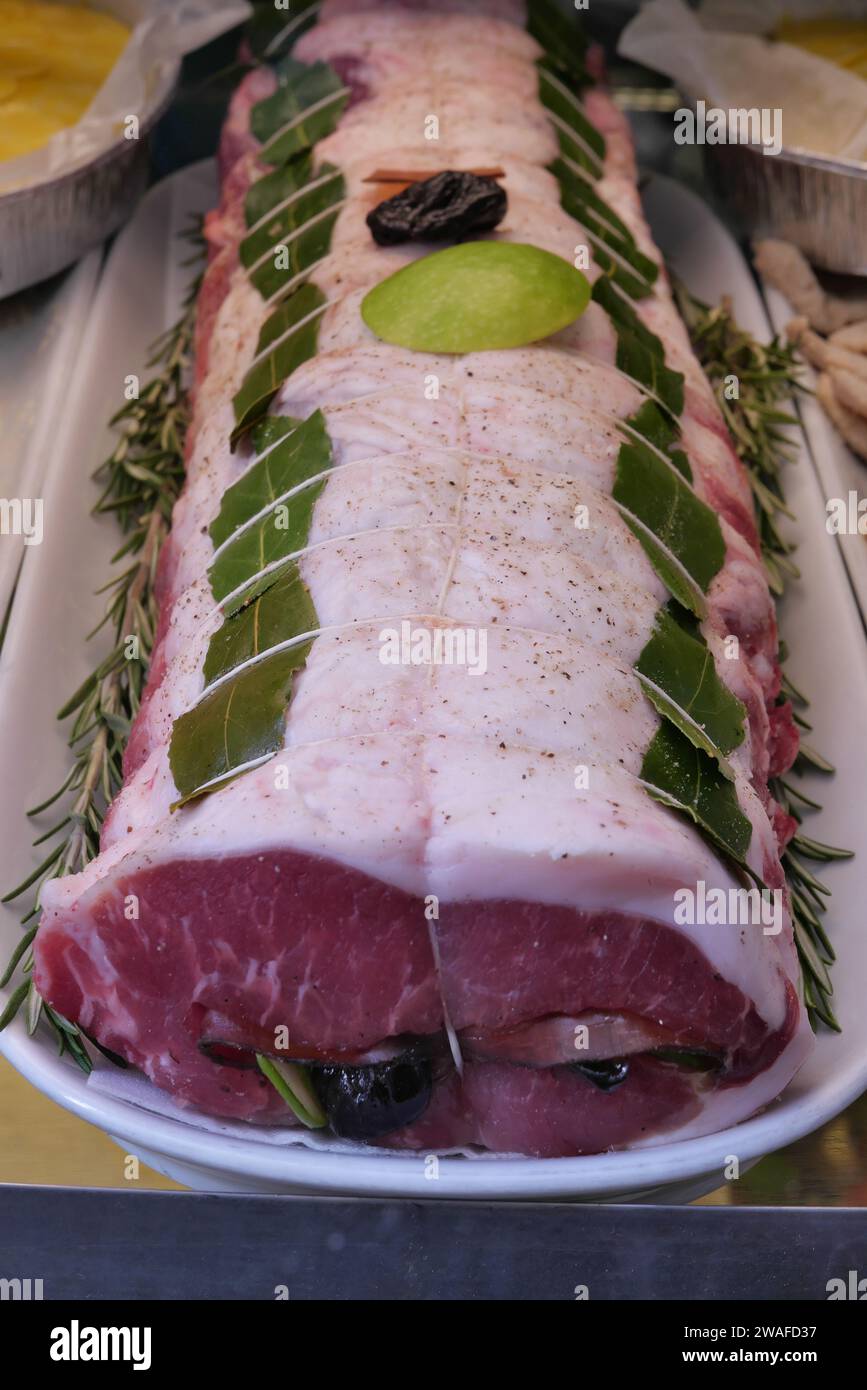 HANDMADE MEAT DISHES ON DISPLAY INSIDE THE FEROCI MEAT SHOP. FEROCI IS ...