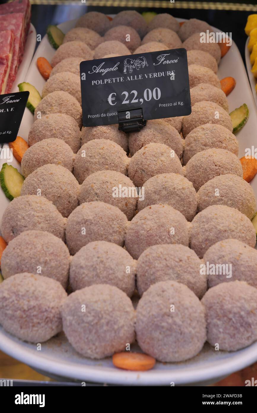 HANDMADE MEAT DISHES ON DISPLAY INSIDE THE FEROCI MEAT SHOP. FEROCI IS ...