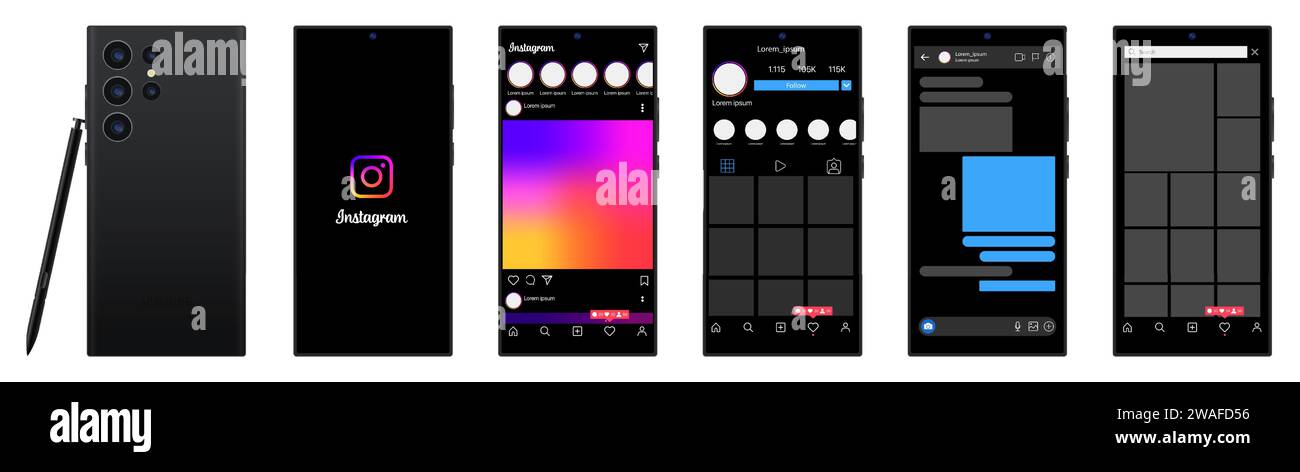 Instagram design in Samsung galaxy s23 ultra. Set screen social media and network interface ...