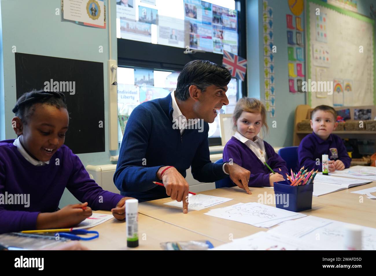 Prime Minister Rishi Sunak during a visit to Woodland View Primary ...