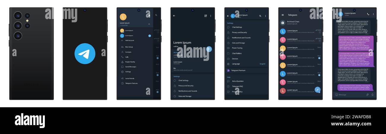 Telegram mockup in Samsung galaxy s23 ultra. Telegram logo. Set ...