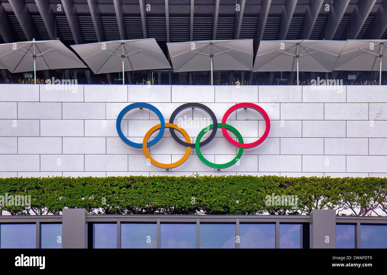 Olympic circles on the Olympic museum in Lausanne, Switzerland Stock ...