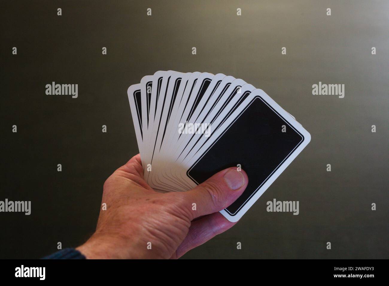 Collection of 13 playing cards held to show back of cards Stock Photo ...