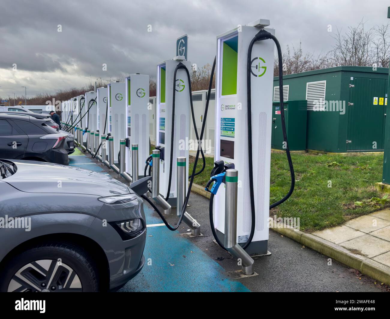 MOTO Services, Wetherby, A1, Yorkshire, England, UK. Images of the EV electric vehicle charging ...