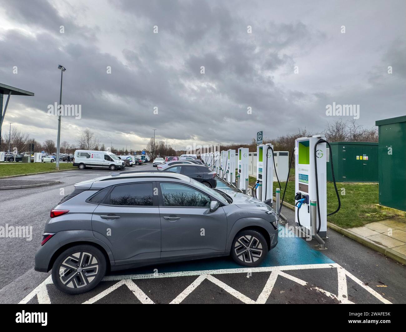 MOTO Services, Wetherby, A1, Yorkshire, England, UK. Images of the EV electric vehicle charging ...