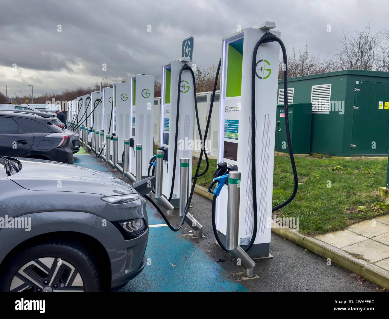 MOTO Services, Wetherby, A1, Yorkshire, England, UK. Images of the EV electric vehicle charging ...