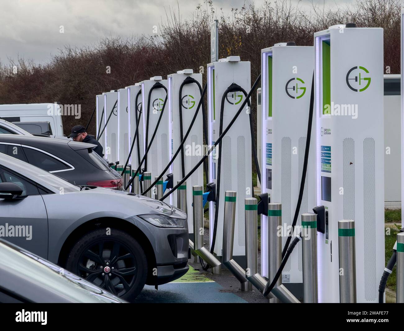 MOTO Services, Wetherby, A1, Yorkshire, England, UK. Images of the EV electric vehicle charging ...