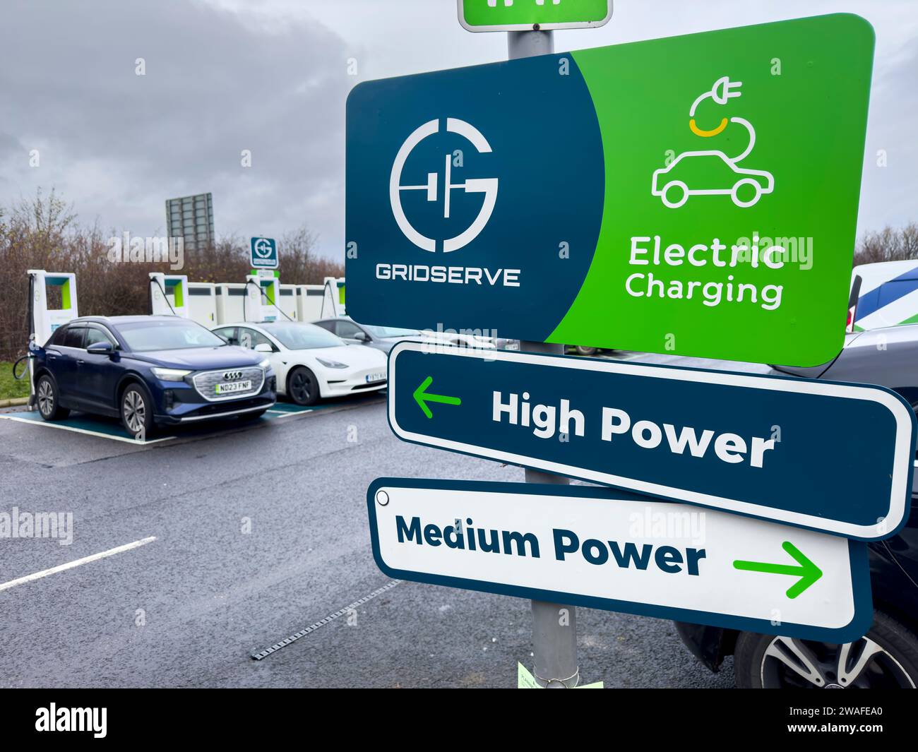 MOTO Services, Wetherby, A1, Yorkshire, England, UK. Images of the EV electric vehicle charging ...