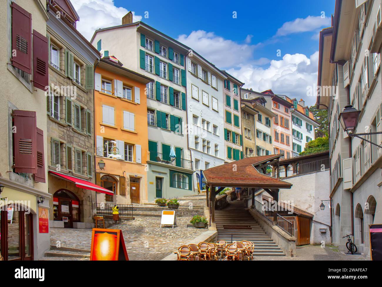 Famous street and Marché stairs in Lausanne, Switzerland Stock Photo ...