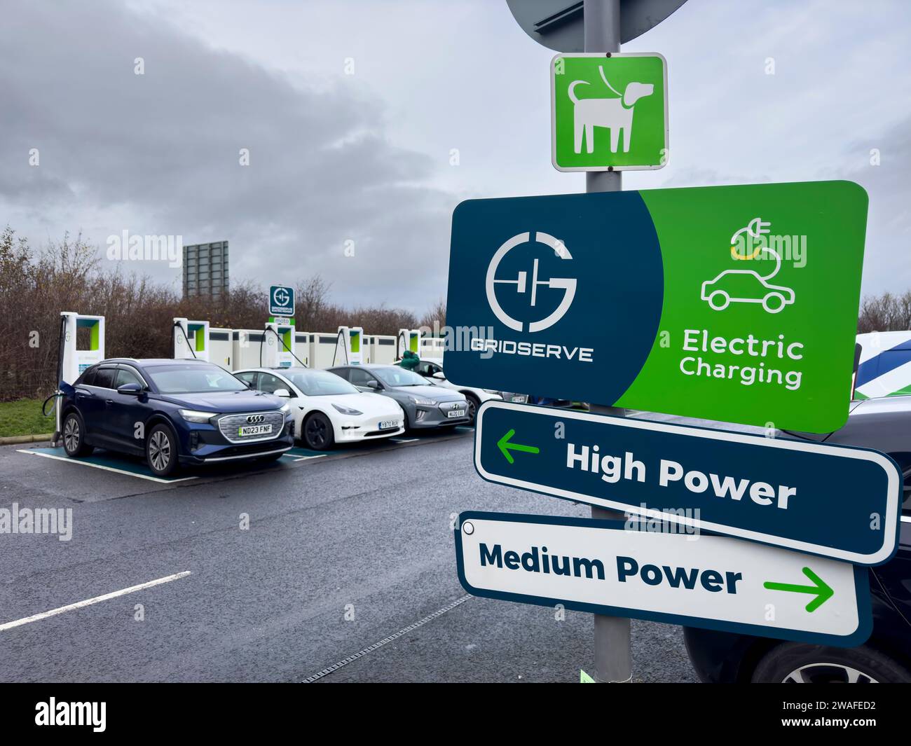 MOTO Services, Wetherby, A1, Yorkshire, England, UK. Images of the EV electric vehicle charging ...