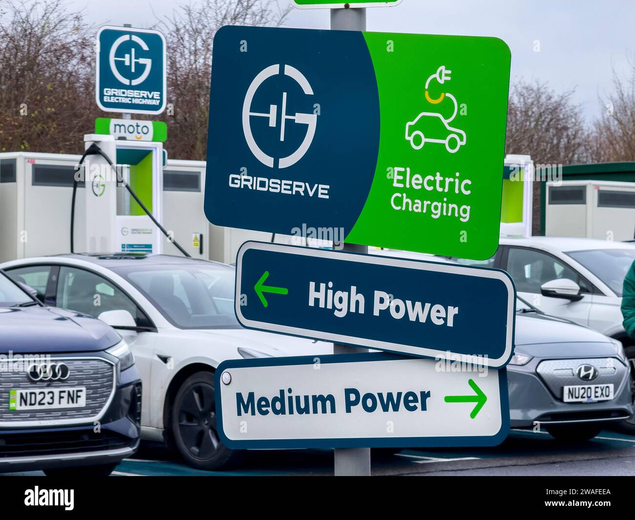MOTO Services, Wetherby, A1, Yorkshire, England, UK. Images of the EV electric vehicle charging ...