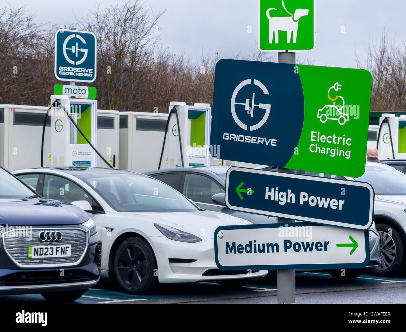 MOTO Services, Wetherby, A1, Yorkshire, England, UK. Images of the EV electric vehicle charging ...