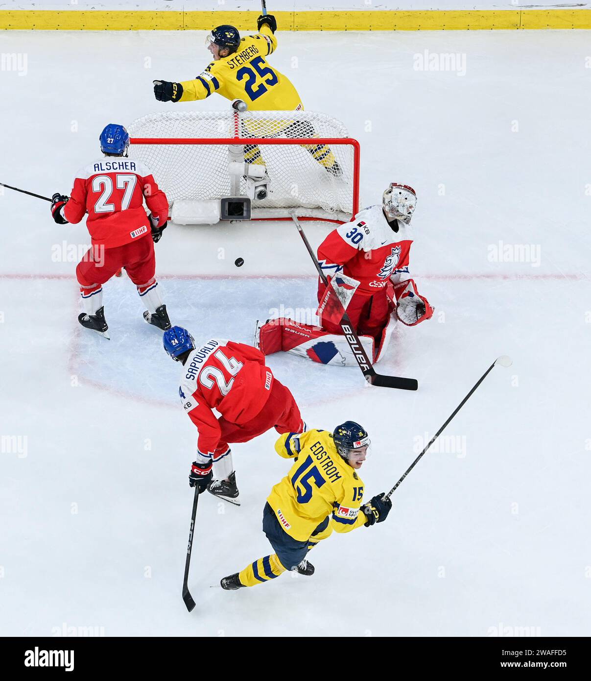 David Edstrom and Otto Stenberg of, Sweden. , . celebrate the 1-1 goal ...