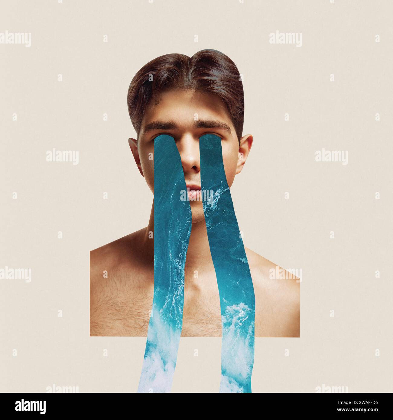 Contemporary art collage. Young guy cries oceans of tears from fatigue ...