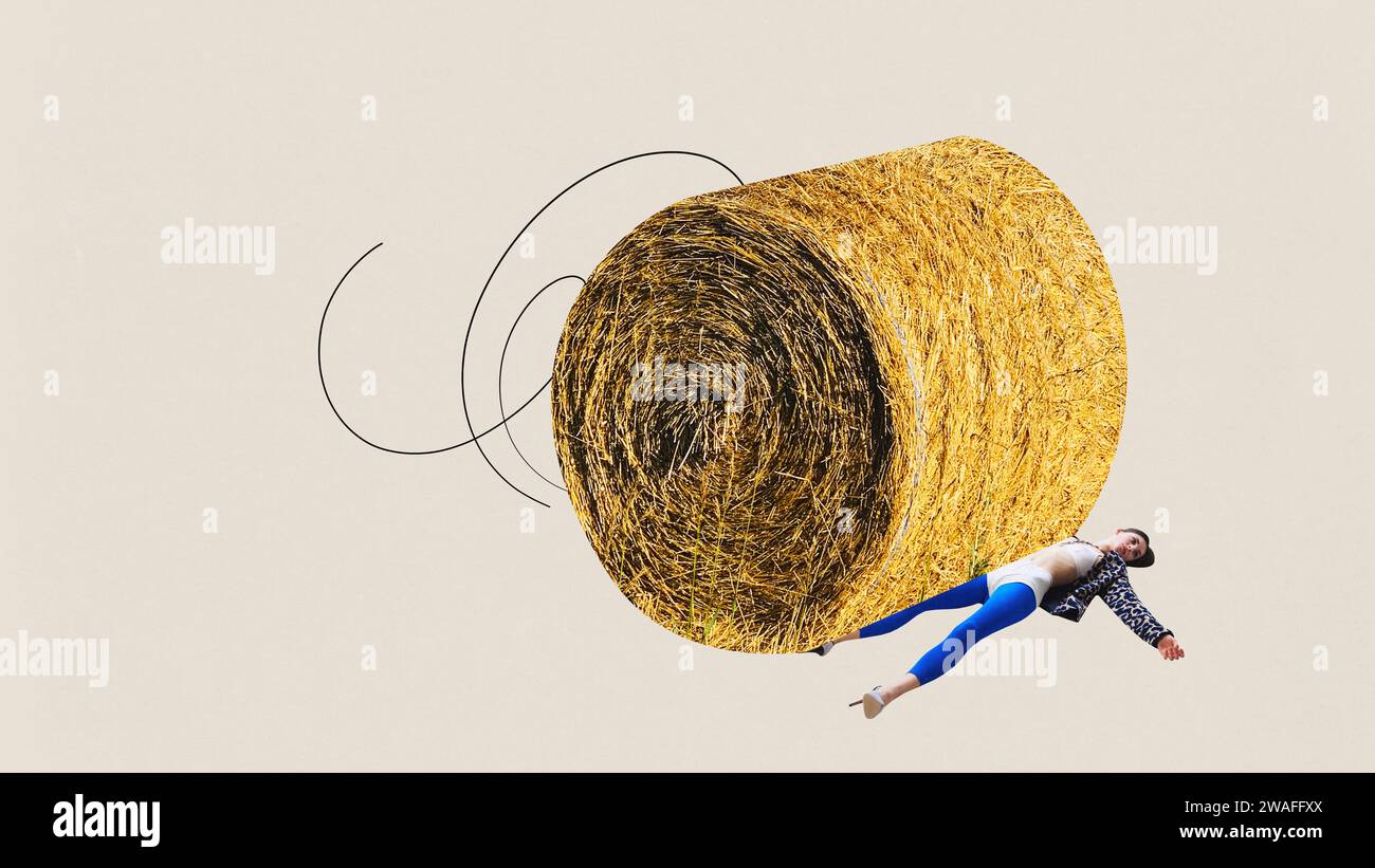 Contemporary art collage. Haystack, symbolizing lump of problems and ...