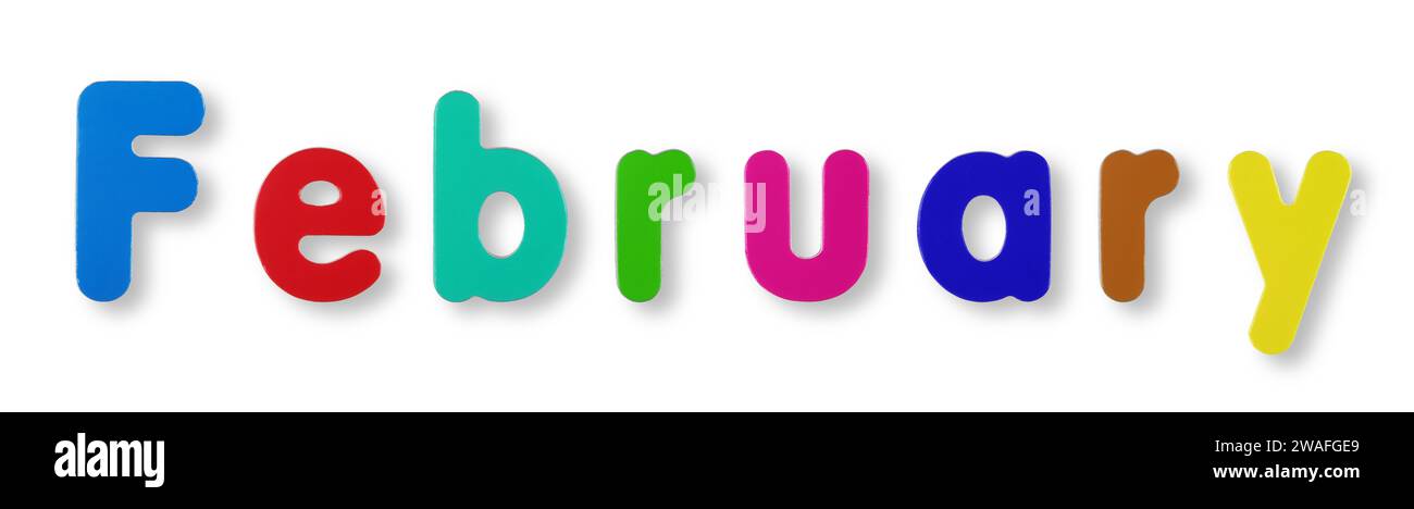February word in coloured magnetic letters Stock Photo - Alamy