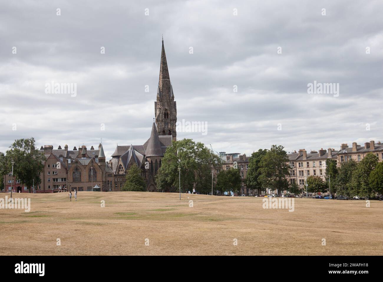 Views of buildings of Edinburgh over Bruntsfield Links park in Scotland ...