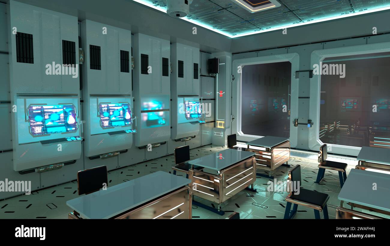 3D rendering of a futuristic high school classroom interior Stock Photo - Alamy
