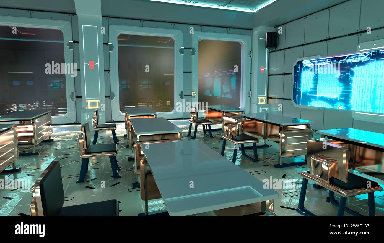 3D rendering of a futuristic high school classroom interior Stock Photo - Alamy