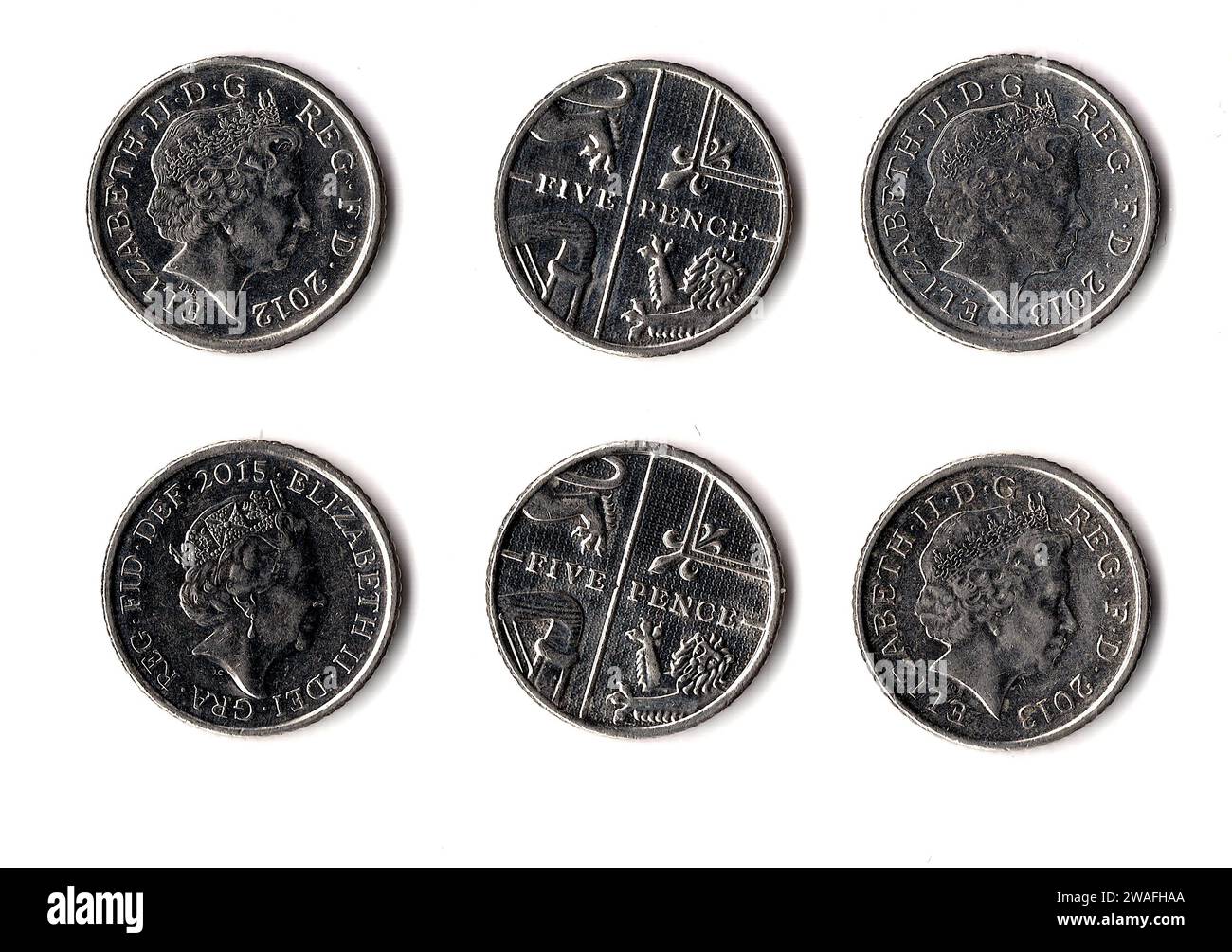 Five pence coins from the United Kingdom/Great Britain isolated on a ...