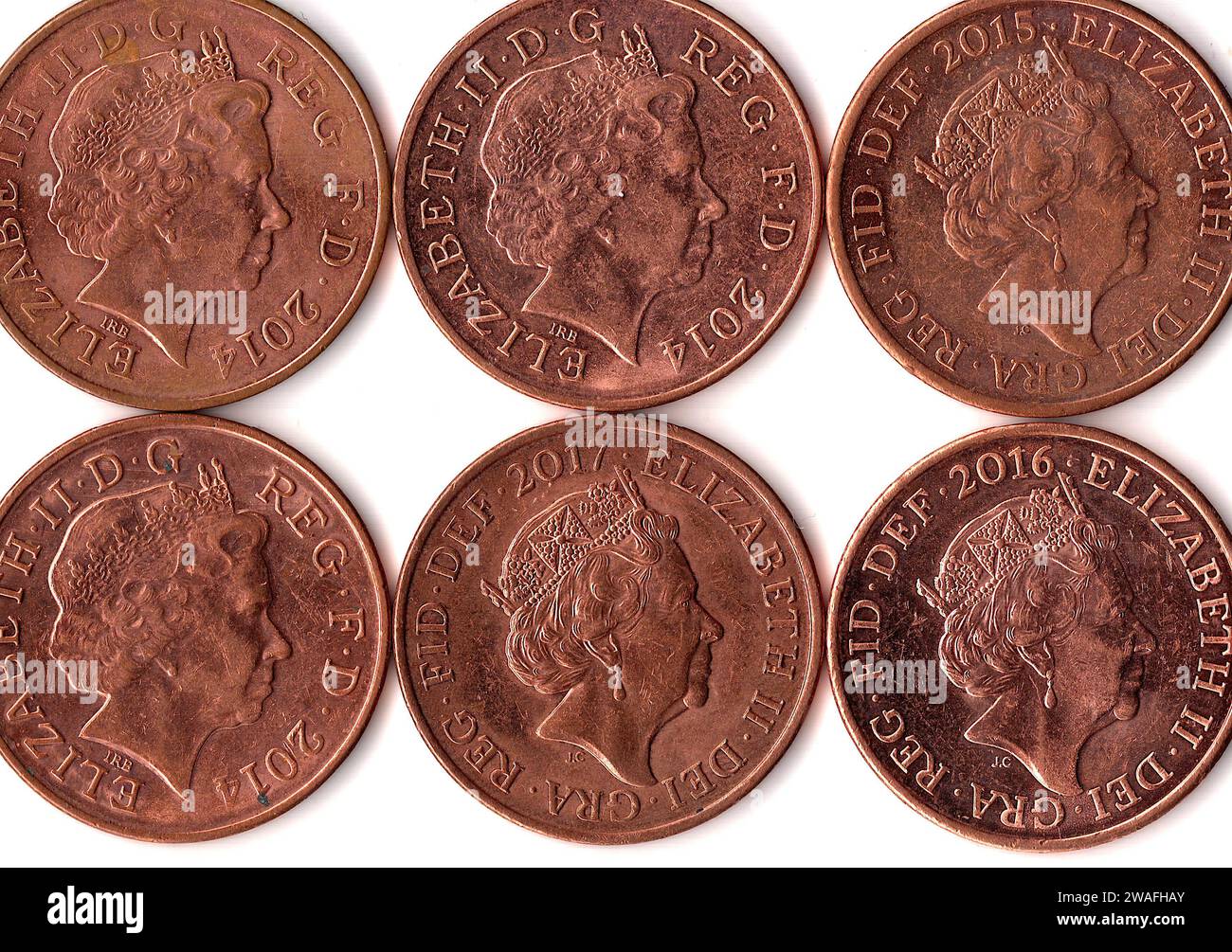Two pence coins from the United Kingdom/Great Britain isolated on a ...