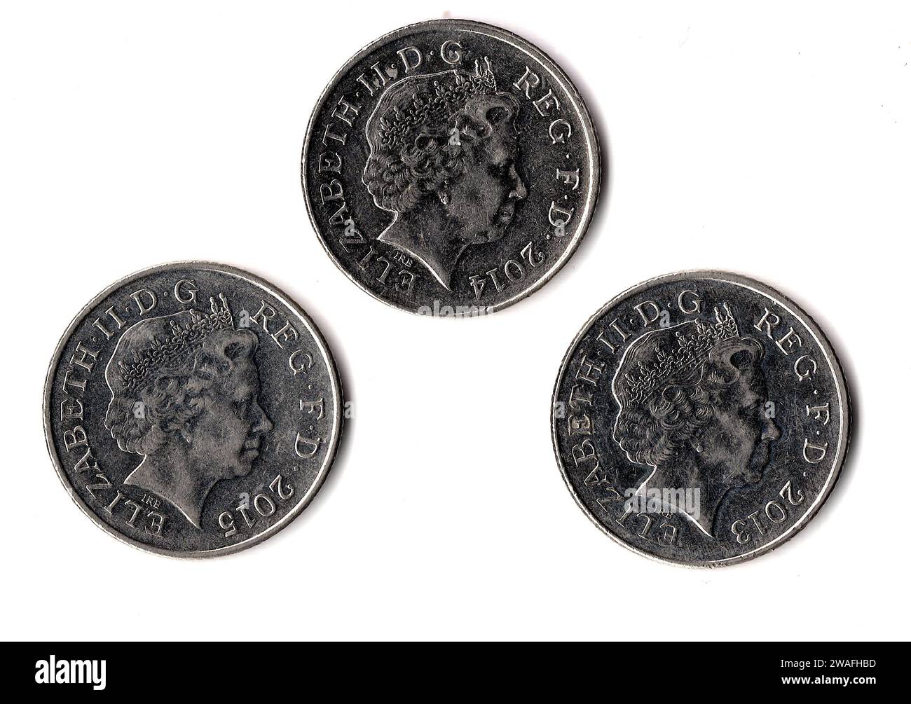Ten pence coins from the United Kingdom/Great Britain isolated on a ...