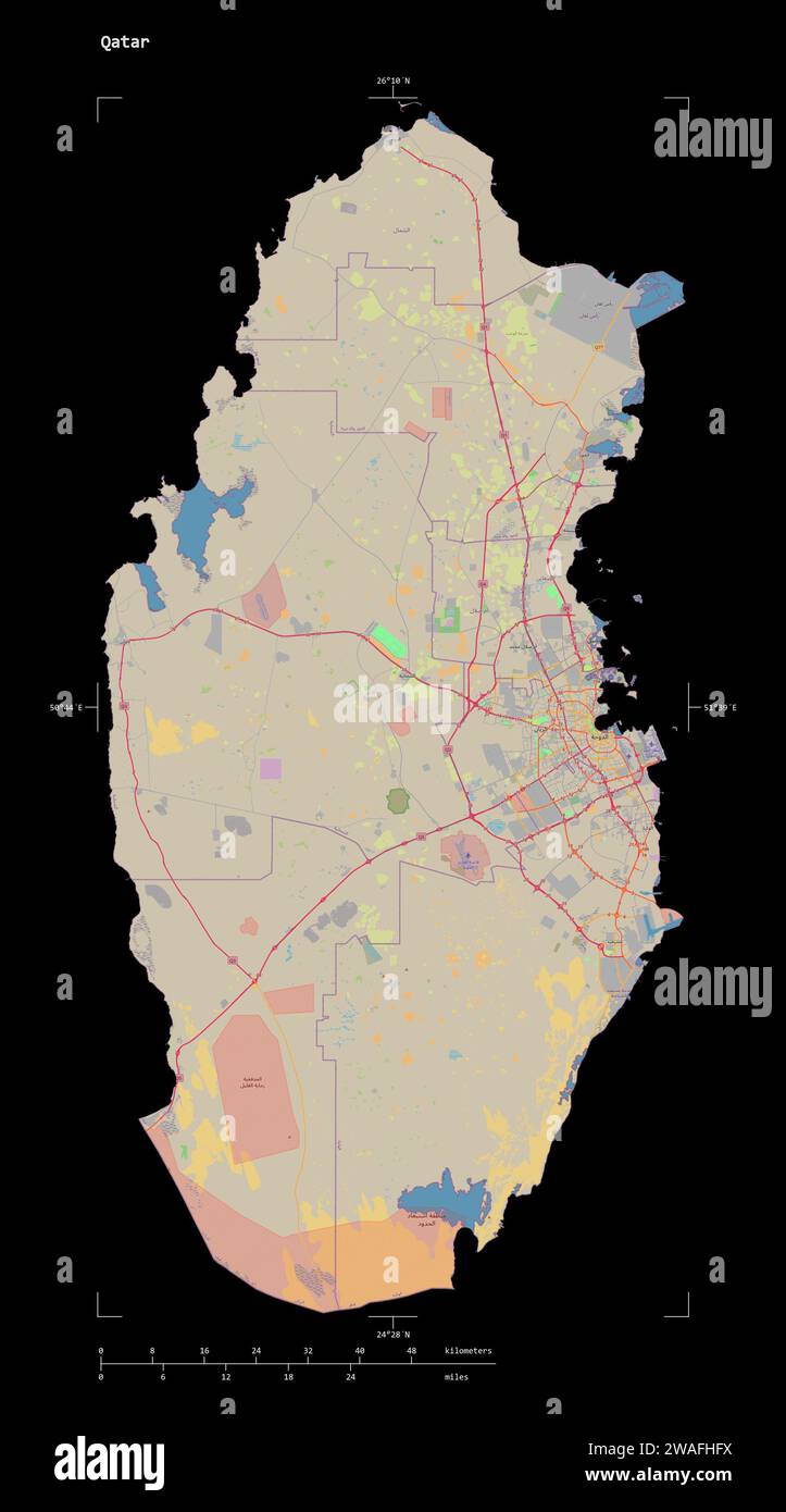 Shape of a topographic, OSM standard style map of the Qatar, with ...