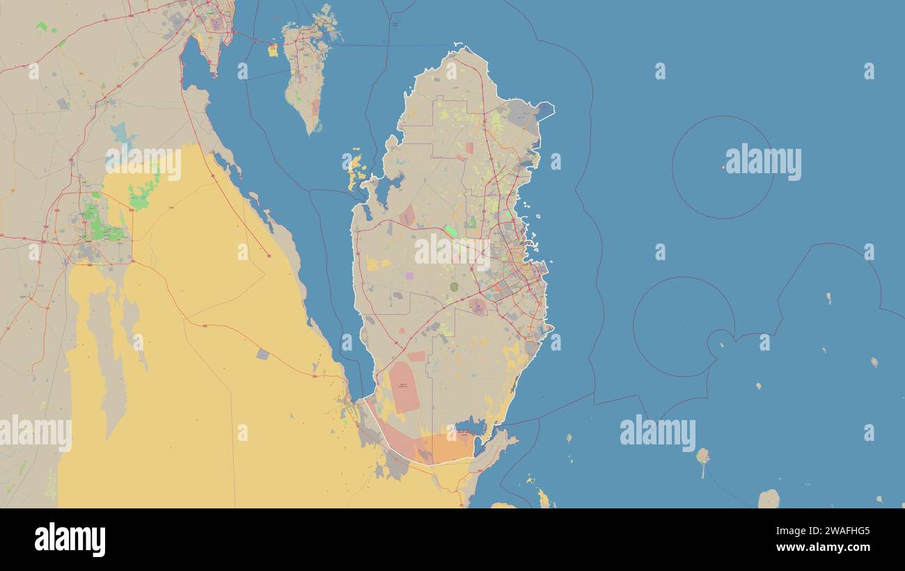 Qatar outlined on a topographic, OSM standard style map Stock Photo - Alamy