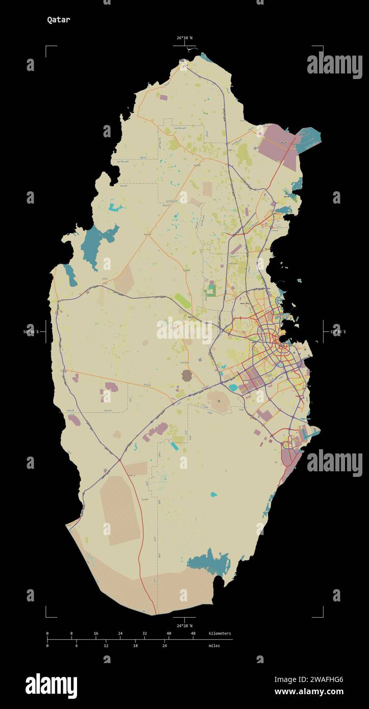 Shape of a topographic, OSM Humanitarian style map of the Qatar, with ...