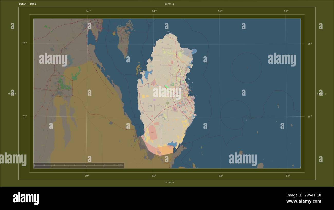Qatar highlighted on a topographic, OSM standard style map map with the ...