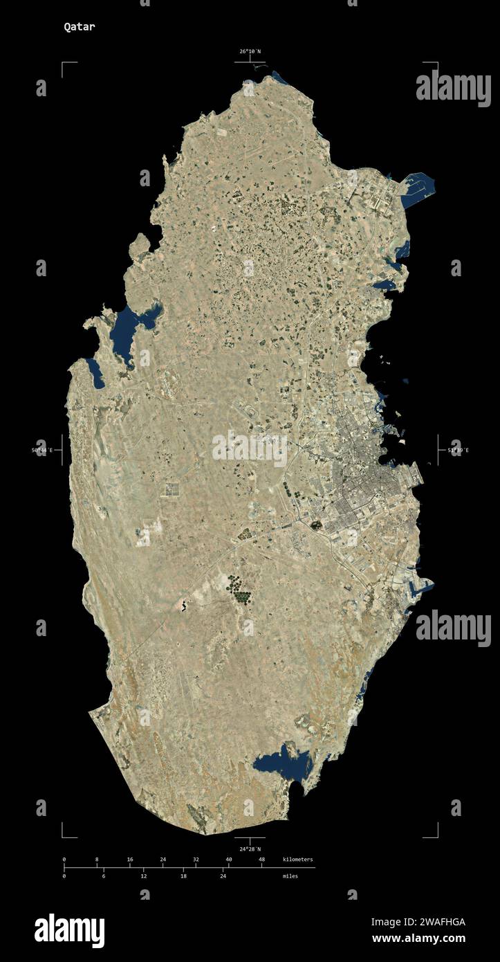 Shape of a low resolution satellite map of the Qatar, with distance ...